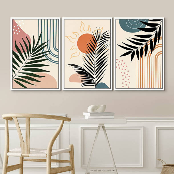 IDEA4WALL Unique Tropical Jungle Leaf Mid Century Modern Boho Framed Pictures Canvas 3 Pieces ...